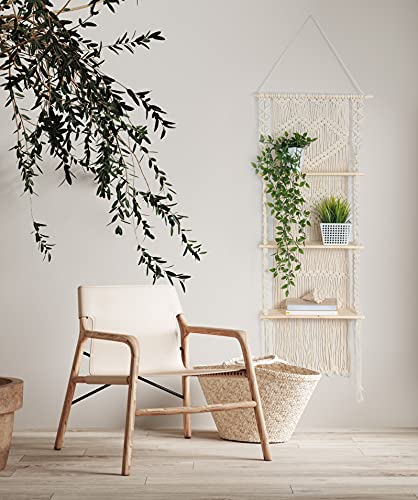 KALTEK Macrame Wall Hanging Shelf - 3 Tier Wall Shelves with Handmade Woven Macrame Rope - Boho Shelves Organizer Hanger for Kitchen, Bathroom, Home Storage, Floating Indoor Plant Wall Shelf