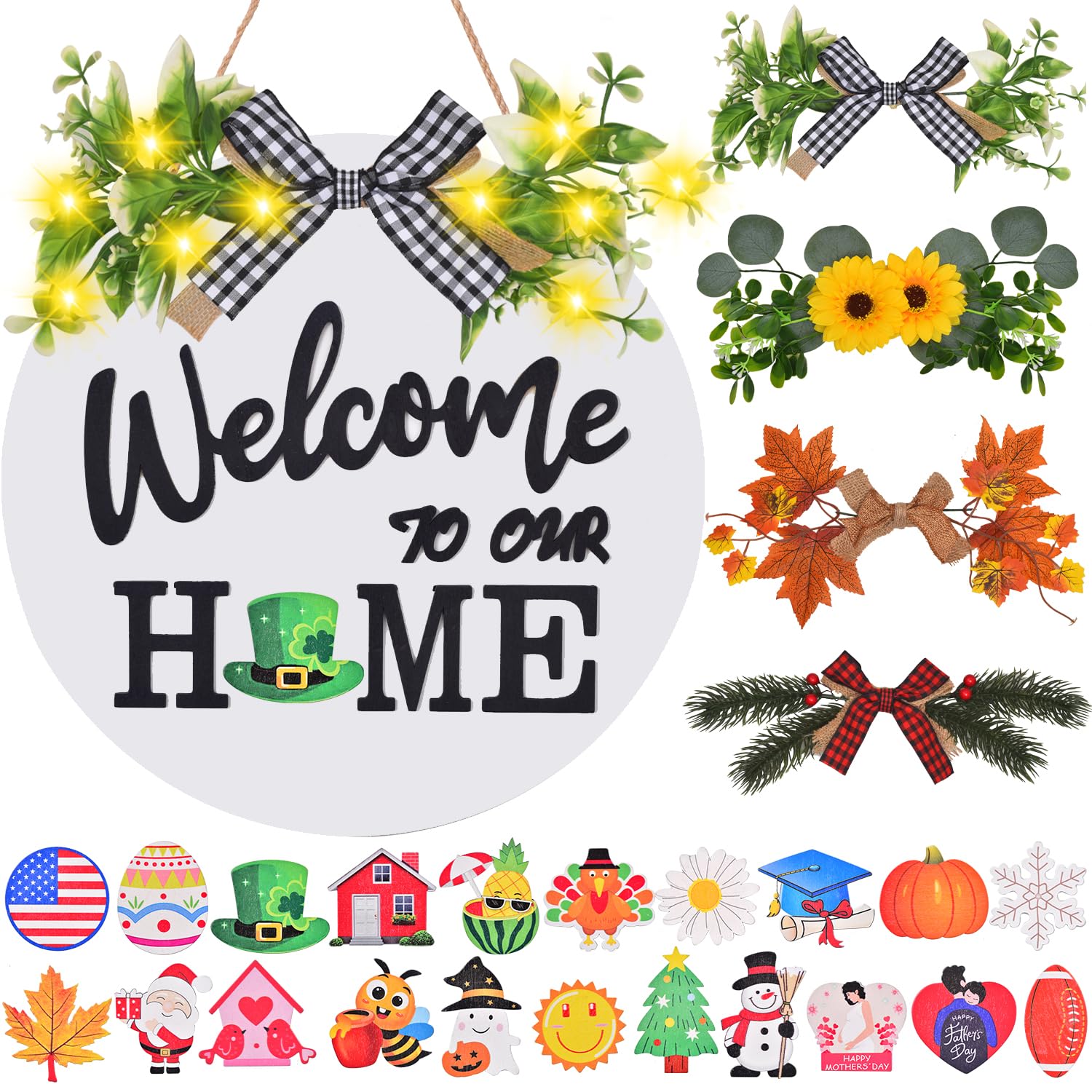 Interchangeable Welcome Home Sign, Front Door Decor with 4 Seasonal Wreaths and 21 Changeable Icons, Rustic Wood Wall Porch Hanger for Holiday Halloween Christmas Housewarming Gift (White)