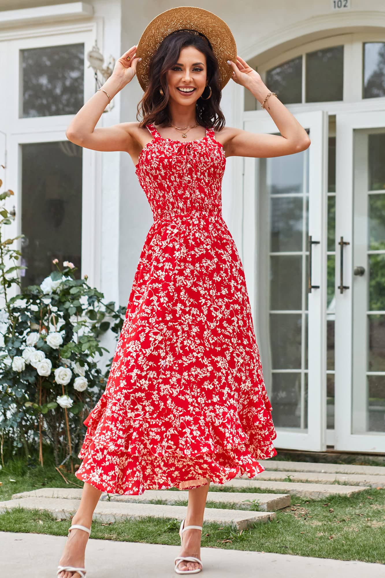 GRACE KARIN Women's 2025 Summer Floral Boho Dress Square Neck Strapped Swing A Line Sundress Beach Long Maxi OutfitsRed L
