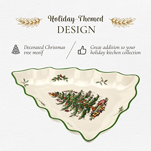 Spode Christmas Tree Collection Tree Shaped Dish, 10-Inch, Made of Porcelain, Serving Dishes, Christmas Tree Design, Green/Beige, Dishwasher and Microwave Safe