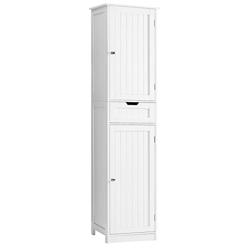 Iwell Tall Linen Tower Cabinet, Freestanding Bathroom Cabinet with 2 Doors 6 Tier Shelves & Drawer, Narrow Floor Storage Cabinet for Living Room, White