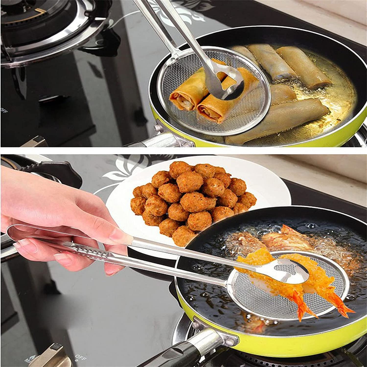 2 in 1 Stainless Steel Fine Mesh Strainer With Clip Tongs Oil Filter Spoon Multi-functional Reusable BBQ Filter Clamp Strainer Kitchen Tools for Oil-frying Food