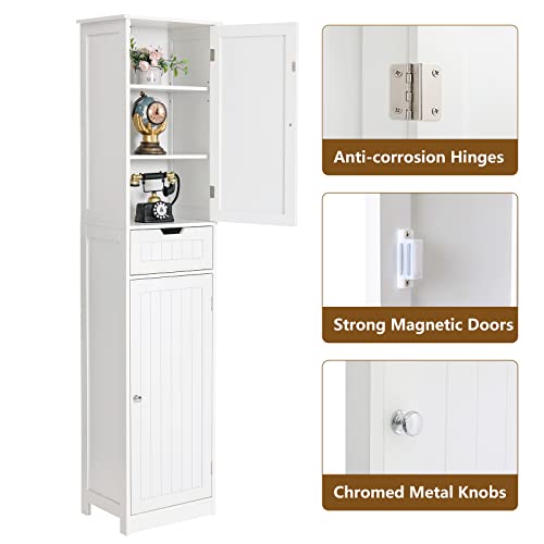 Iwell Tall Linen Tower Cabinet, Freestanding Bathroom Cabinet with 2 Doors 6 Tier Shelves & Drawer, Narrow Floor Storage Cabinet for Living Room, White