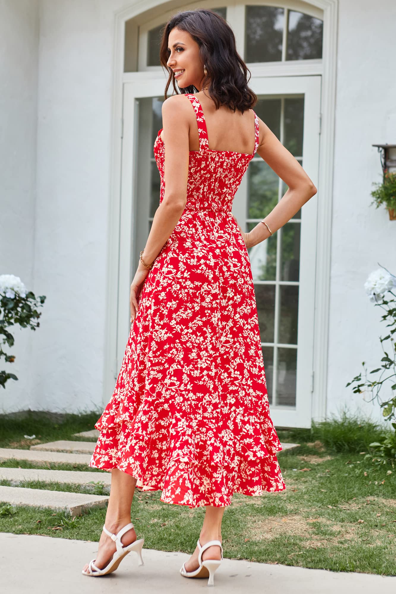 GRACE KARIN Women's 2025 Summer Floral Boho Dress Square Neck Strapped Swing A Line Sundress Beach Long Maxi OutfitsRed L