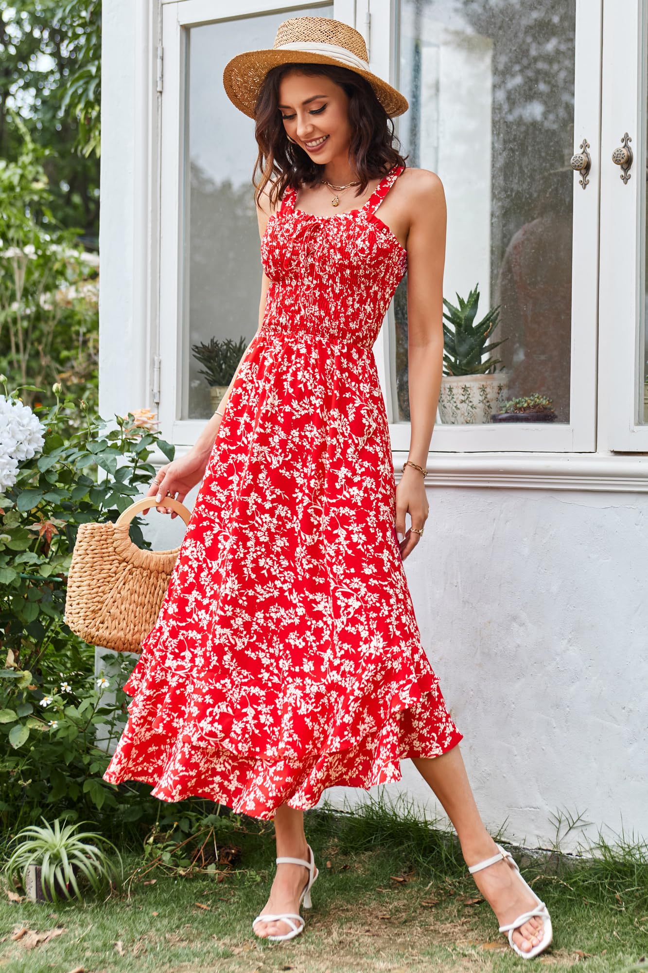 GRACE KARIN Women's 2025 Summer Floral Boho Dress Square Neck Strapped Swing A Line Sundress Beach Long Maxi OutfitsRed L