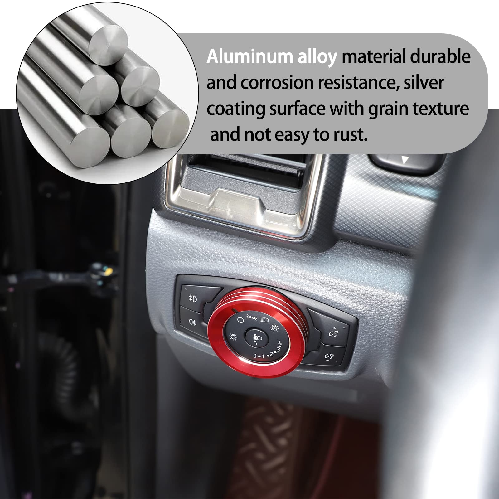 Lcojicep Car Headlight Switch/4WD Knob Ring Ring Cover Trim Compatible with Ford Ranger 2015-2021 Aluminum Alloy Central Control Switch knob Ring Cover Decoration (red)