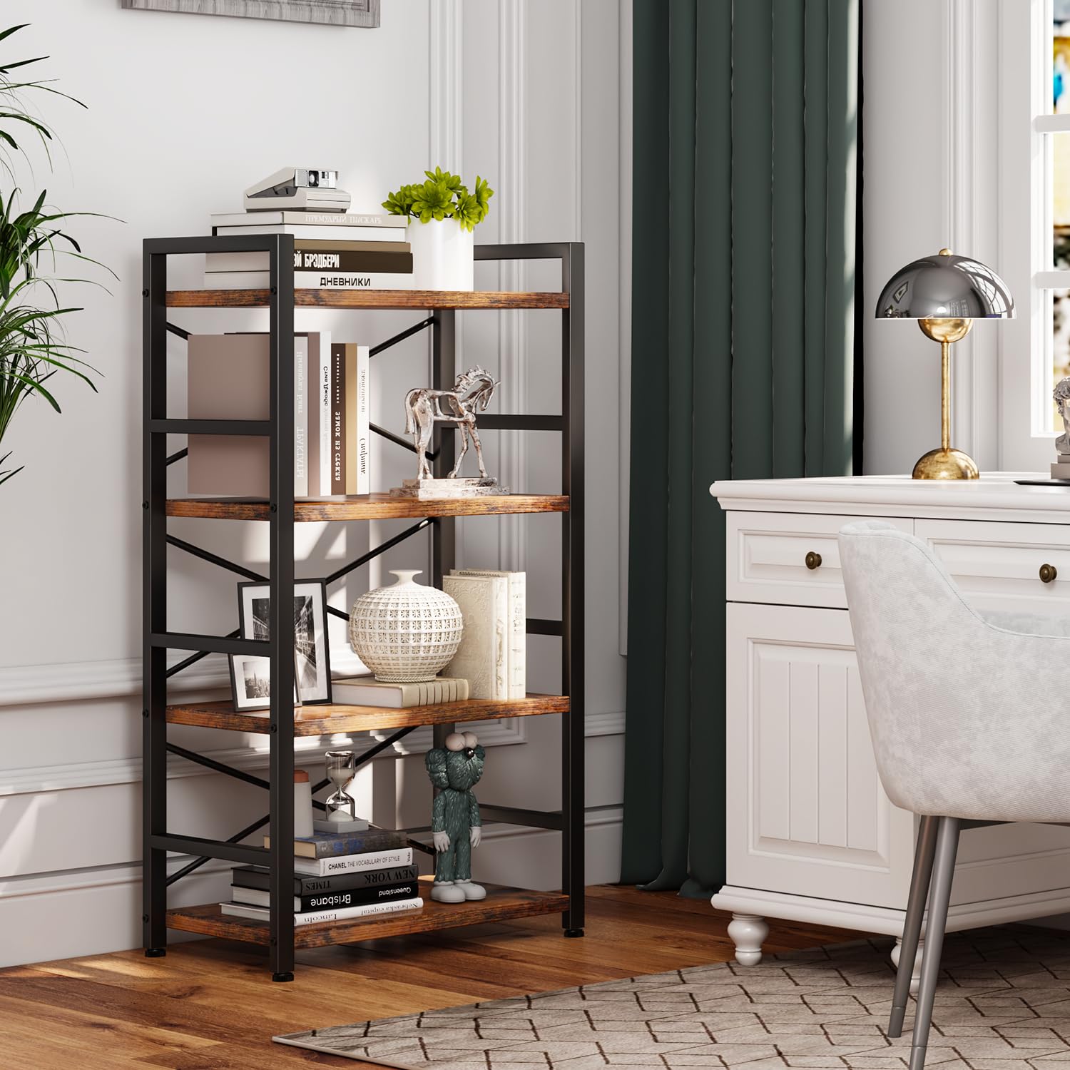 Homeiju Bookshelf, 4 Tier Small Bookcase, Organizers and Storage, Metal Small Bookcase, Rustic Book Shelf Organization and Storage for Living Room, Bedroom, and Home Office(Rustic Brown)
