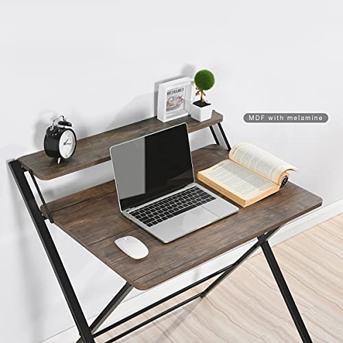 FurnitureR 31.9'' Folding 2 Tier Foldable Assembly Saves Space for Home Office Study, Metal Frames/Wood Top Laptop Table, Brown Computer Desk