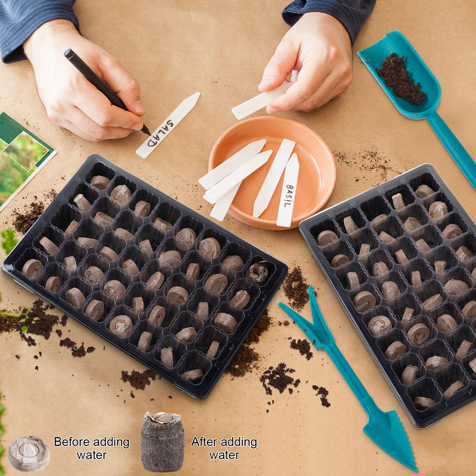 8 Pack Seed Starter Tray Seedling Trays with 200 Peat Pellets 20 Plant Labels 4 Gardening Tools with Humidity Vented Domes and Base Seed Germination Kit Mini Greenhouse for Plant Seedling (Black)