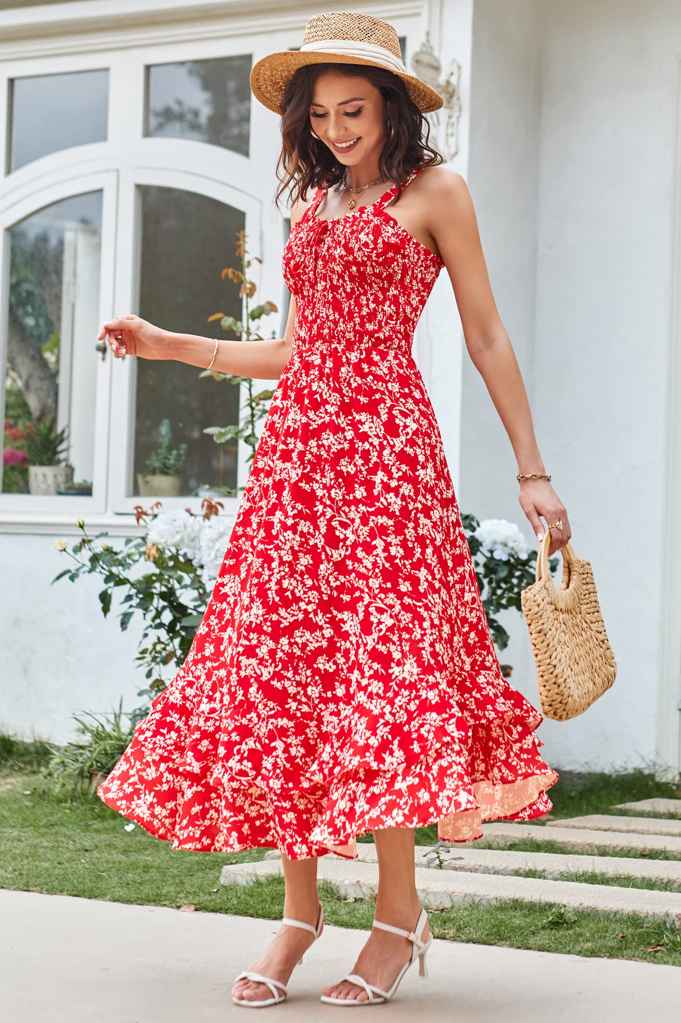 GRACE KARIN Women's 2025 Summer Floral Boho Dress Square Neck Strapped Swing A Line Sundress Beach Long Maxi OutfitsRed L