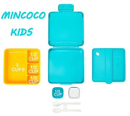 MINCOCO Kids Bento Lunch Box - Lunch Container with Sauce Jar, Spoon&Fork 4-Compartment, On-the-Go Meal and Snack Packing - Leak Proof, Durable, Microwave Safe (Sky Blue)