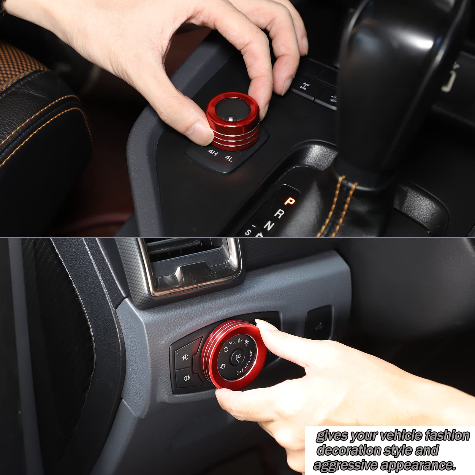 Lcojicep Car Headlight Switch/4WD Knob Ring Ring Cover Trim Compatible with Ford Ranger 2015-2021 Aluminum Alloy Central Control Switch knob Ring Cover Decoration (red)