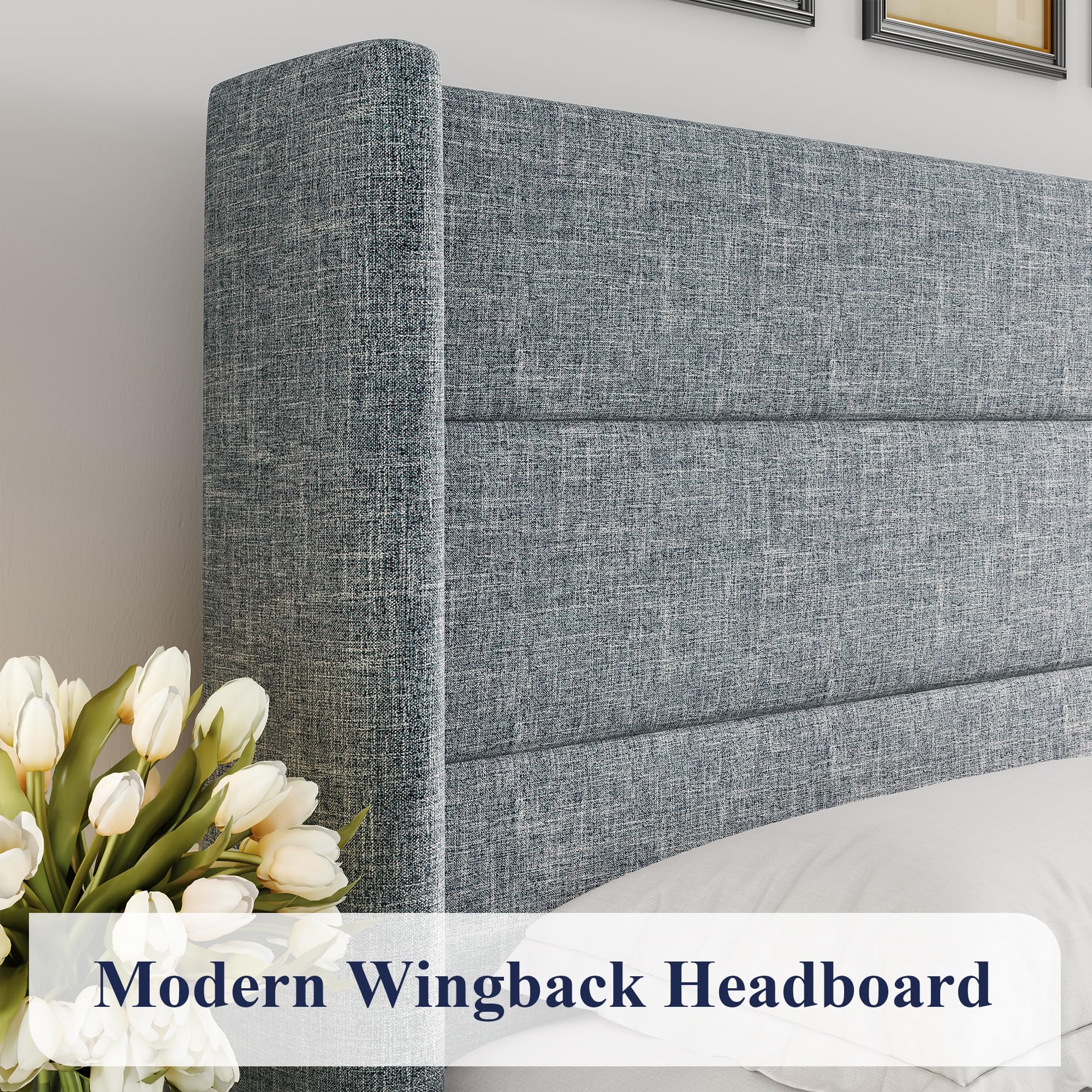 Allewie Full Size Lift Up Storage Bed, Modern Wingback Headboard, Hydraulic Support, No Box Spring Needed, Grey Blue