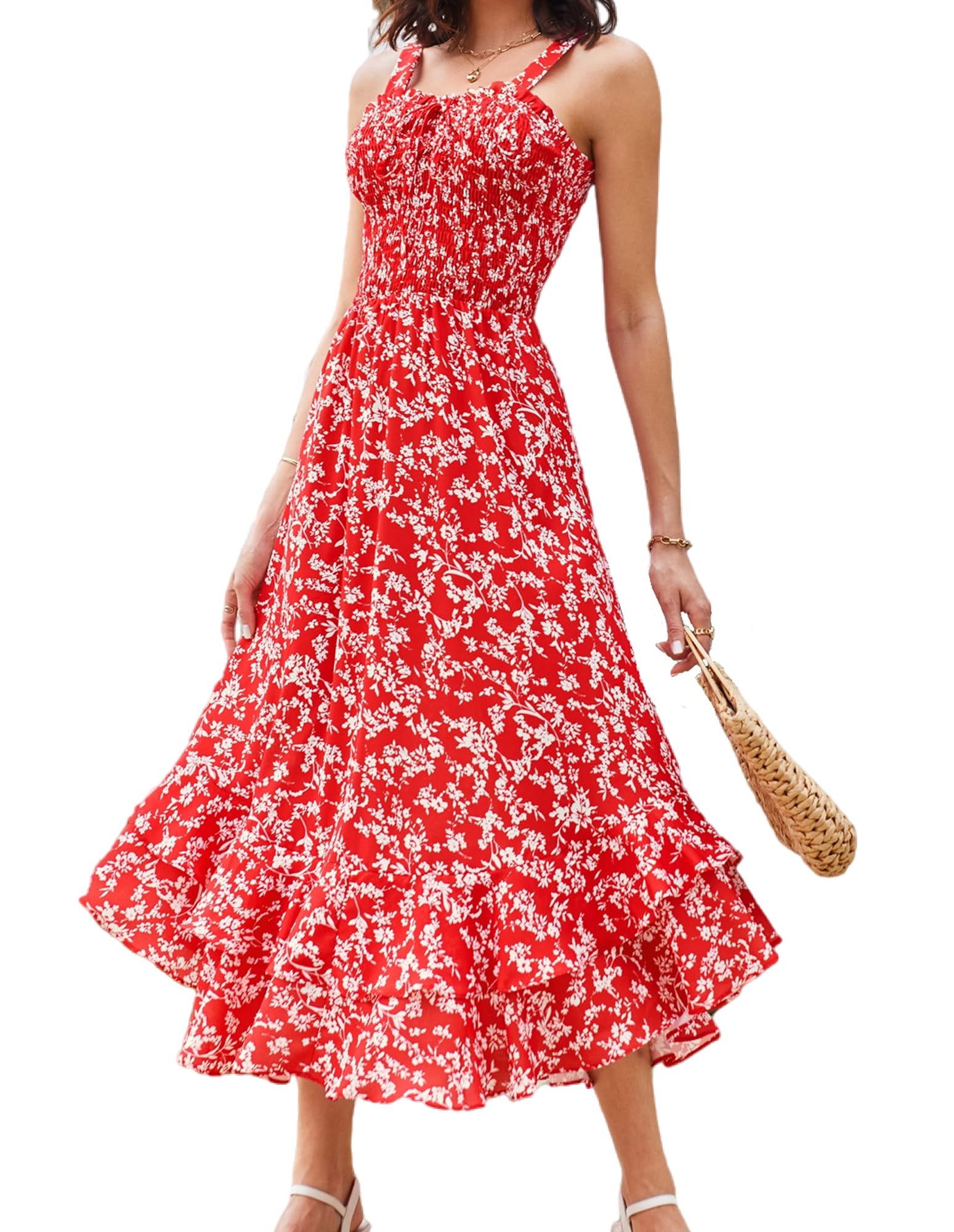 GRACE KARIN Women's 2025 Summer Floral Boho Dress Square Neck Strapped Swing A Line Sundress Beach Long Maxi OutfitsRed L