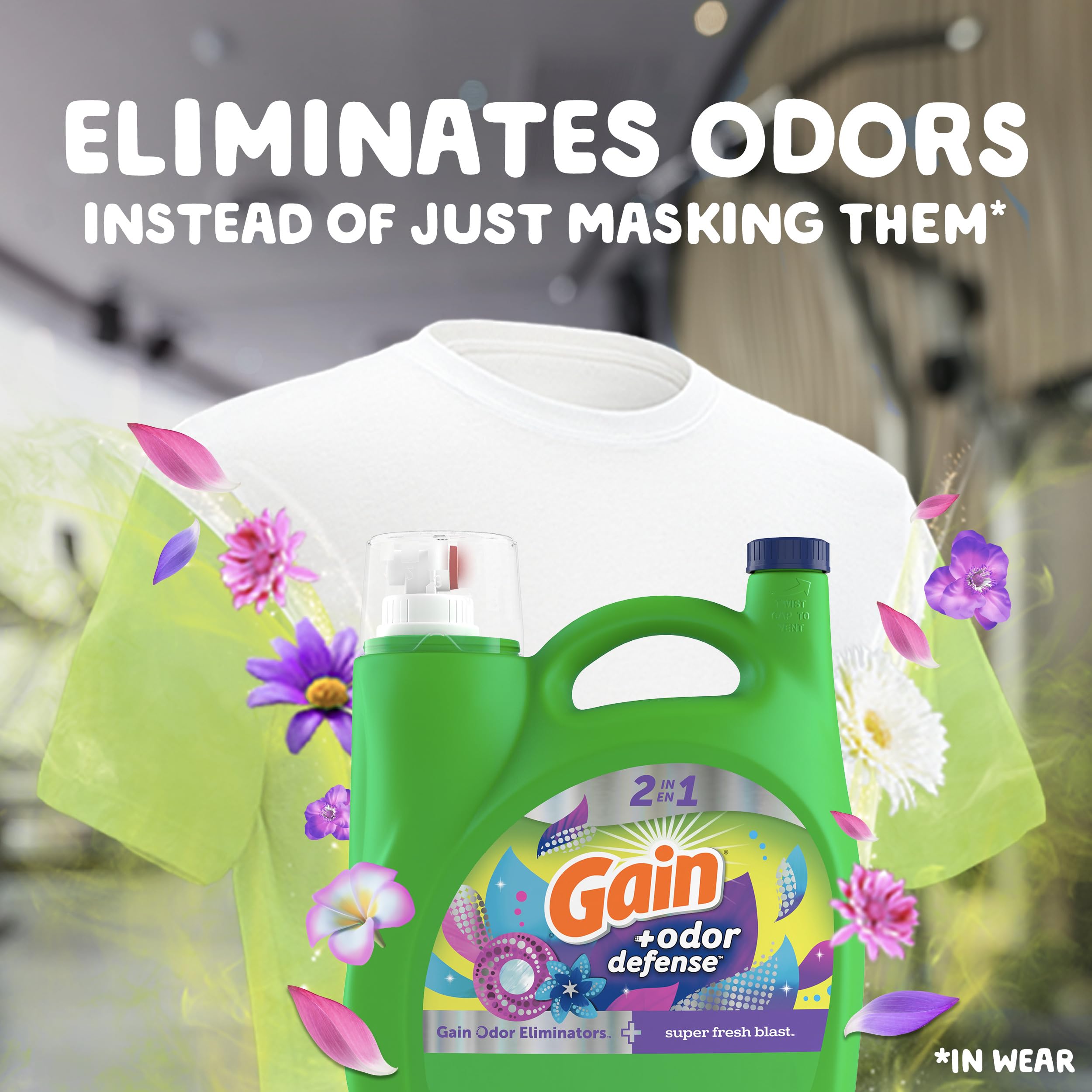 Gain + Odor Defense Liquid Laundry Detergent Super Fresh Blast Scent, HE Compatible, 107 Loads 154 fl oz, Gain Laundry Detergent, Liquid Laundry Detergent