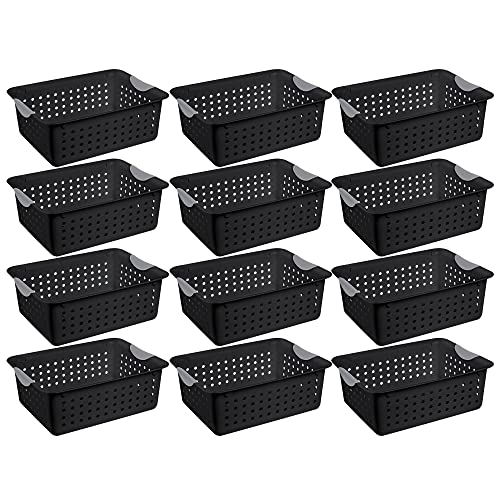 Sterilite Medium Ultra Indoor Home Plastic Storage Organizer Basket Container with Contoured Handles for Cabinets, Shelves, Black (12 Pack)