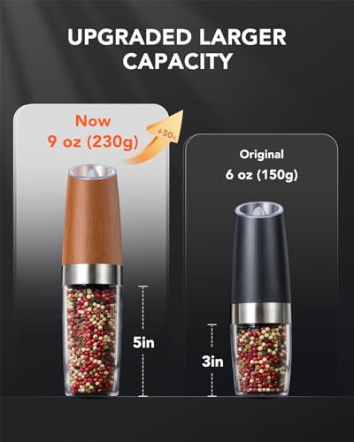 FORLIM Upgraded 9 Oz Capacity Gravity Electric Salt and Pepper Grinder Set, Battery Powered One Hand Operation Refillable Automatic Pepper Grinder Adjustable Coarseness(Wood grain)