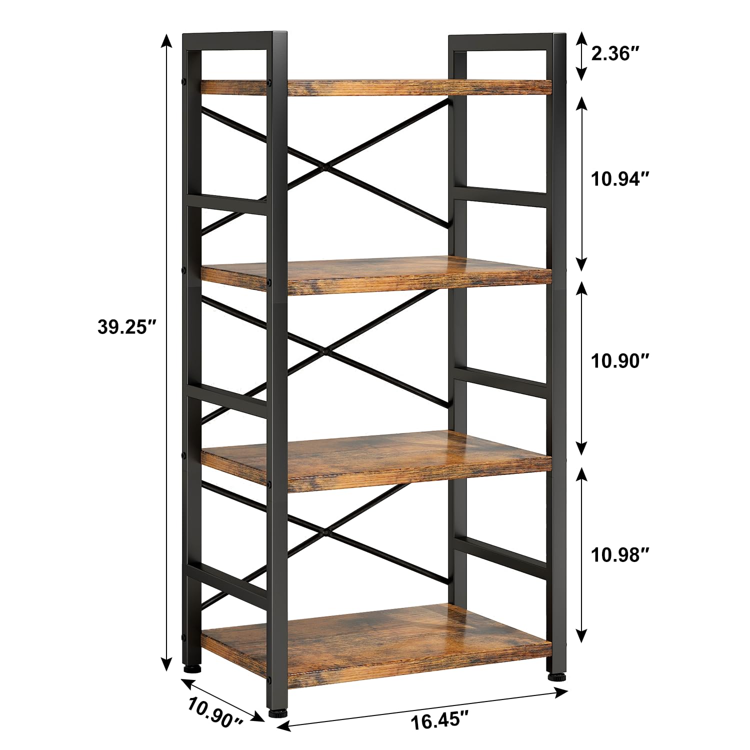 Homeiju Bookshelf, 4 Tier Small Bookcase, Organizers and Storage, Metal Small Bookcase, Rustic Book Shelf Organization and Storage for Living Room, Bedroom, and Home Office(Rustic Brown)