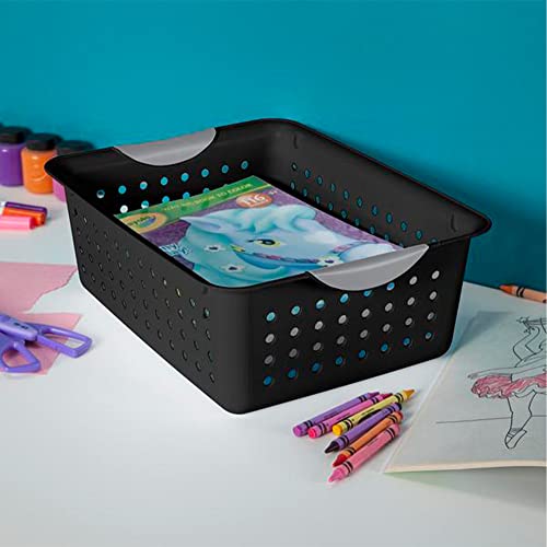 Sterilite Medium Ultra Indoor Home Plastic Storage Organizer Basket Container with Contoured Handles for Cabinets, Shelves, Black (12 Pack)