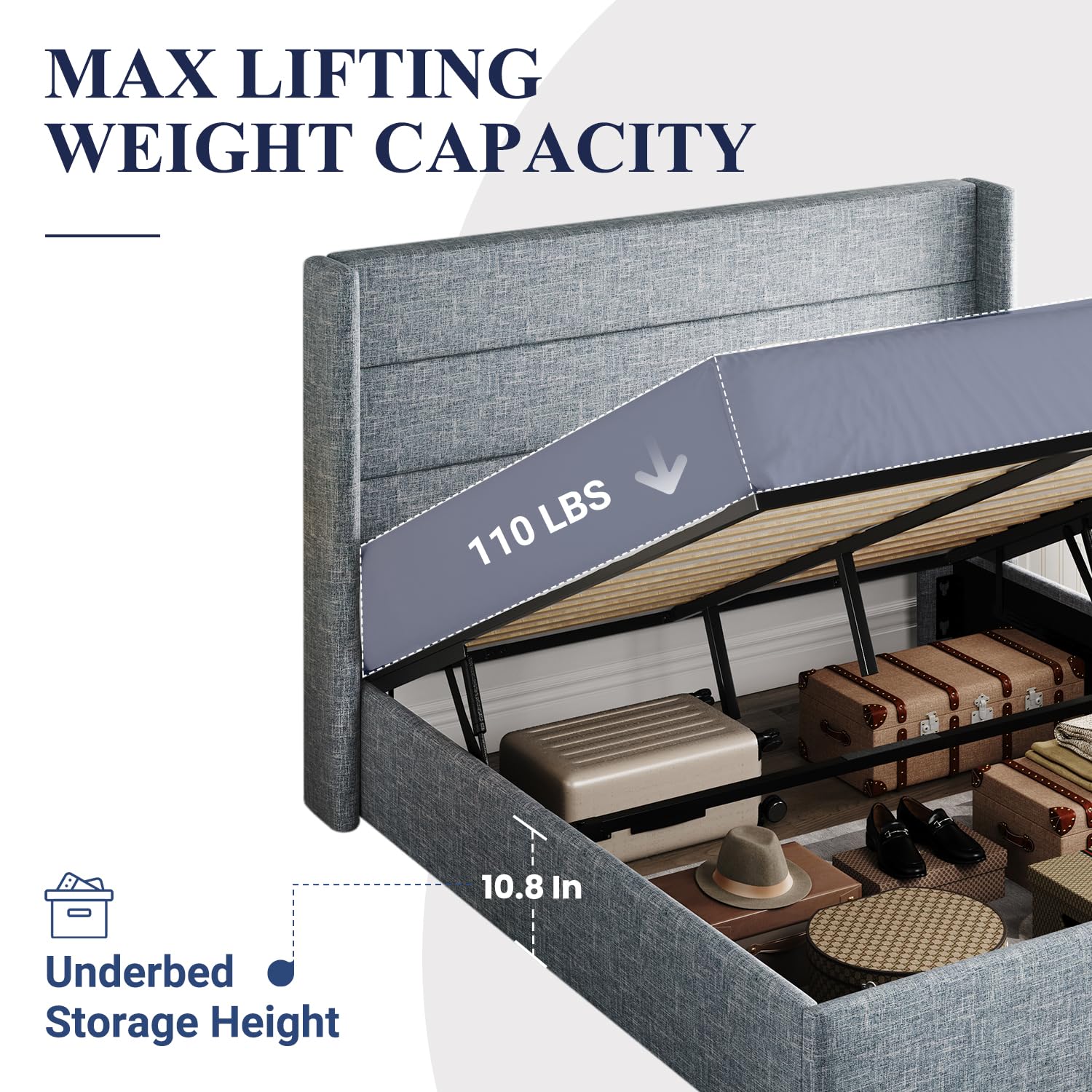 Allewie Full Size Lift Up Storage Bed, Modern Wingback Headboard, Hydraulic Support, No Box Spring Needed, Grey Blue