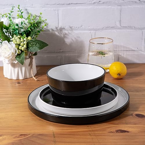 AmorArc Ceramic Dinnerware Sets for 4,12 -Piece Double Color Stoneware Plates and Bowls Set,Chip and Crack Resistant | Dishwasher & Microwave Safe Dishes Set,Service for 4 -White &Black