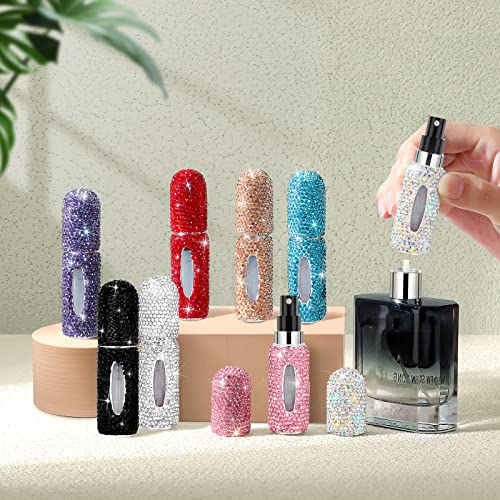 SAVORI Rhinestone Perfume Travel Refillable Perfume Atomizer Bottle Bling Portable Mini Perfume Spray Dispensers (White + Pink + Red 3 Pack)