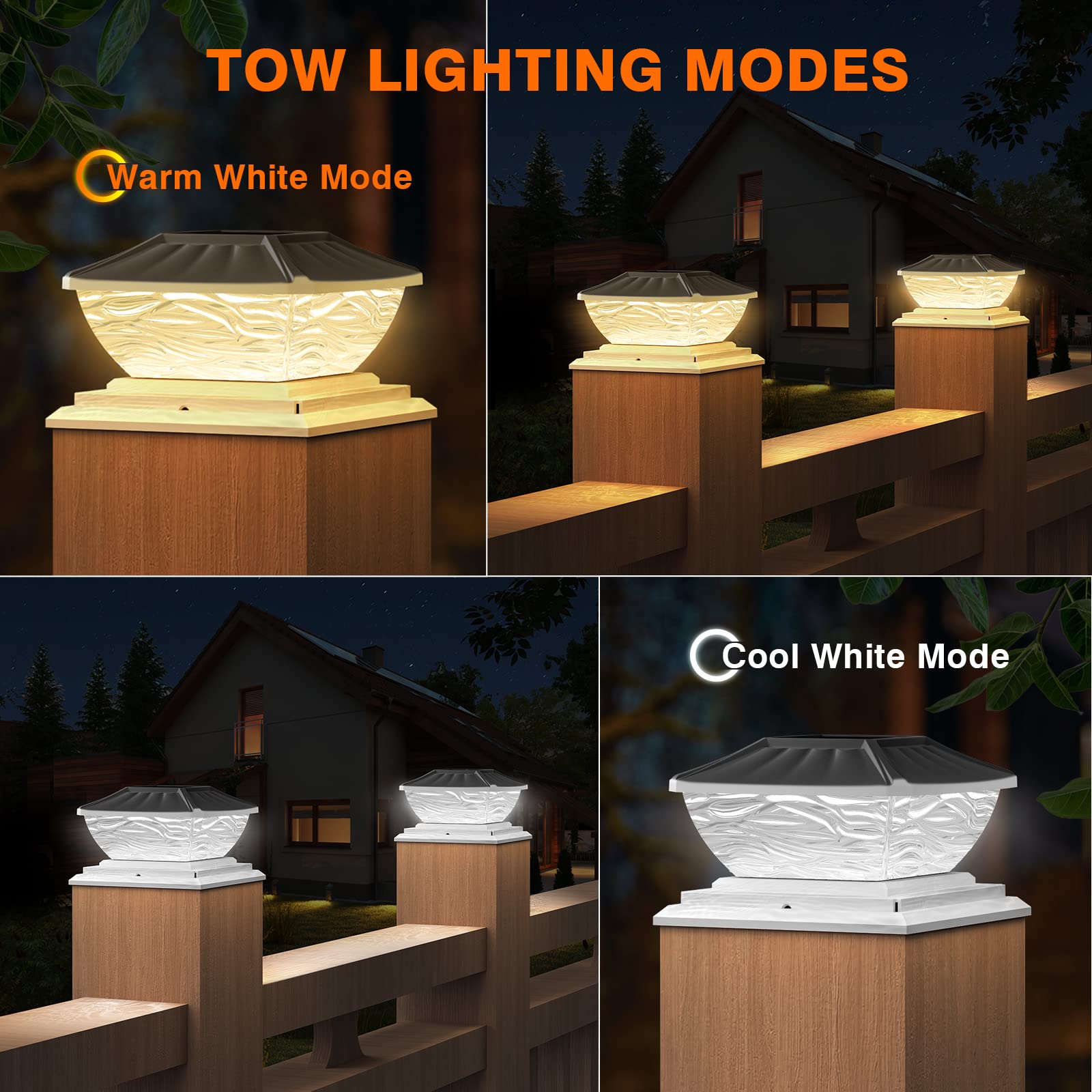 SOLLUCIS Solar Post Cap Lights, Large 8 LEDs 2 Modes Fence Post Solar Lights Outdoor Waterproof for 4x4 5x5 6x6 Vinyl Wooden Deck Fence Posts Patio Garden Decor, Warm/Cool White (6 Pack, White)