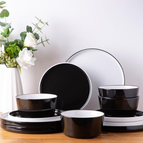 AmorArc Ceramic Dinnerware Sets for 4,12 -Piece Double Color Stoneware Plates and Bowls Set,Chip and Crack Resistant | Dishwasher & Microwave Safe Dishes Set,Service for 4 -White &Black