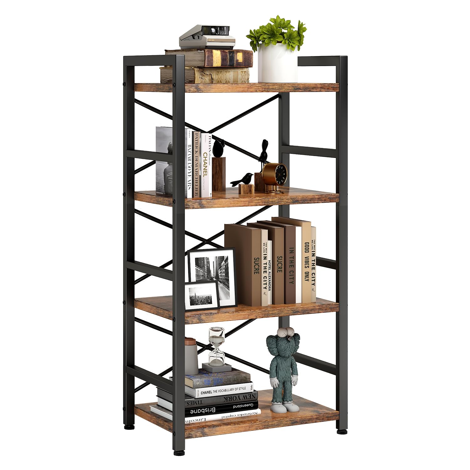 Homeiju Bookshelf, 4 Tier Small Bookcase, Organizers and Storage, Metal Small Bookcase, Rustic Book Shelf Organization and Storage for Living Room, Bedroom, and Home Office(Rustic Brown)
