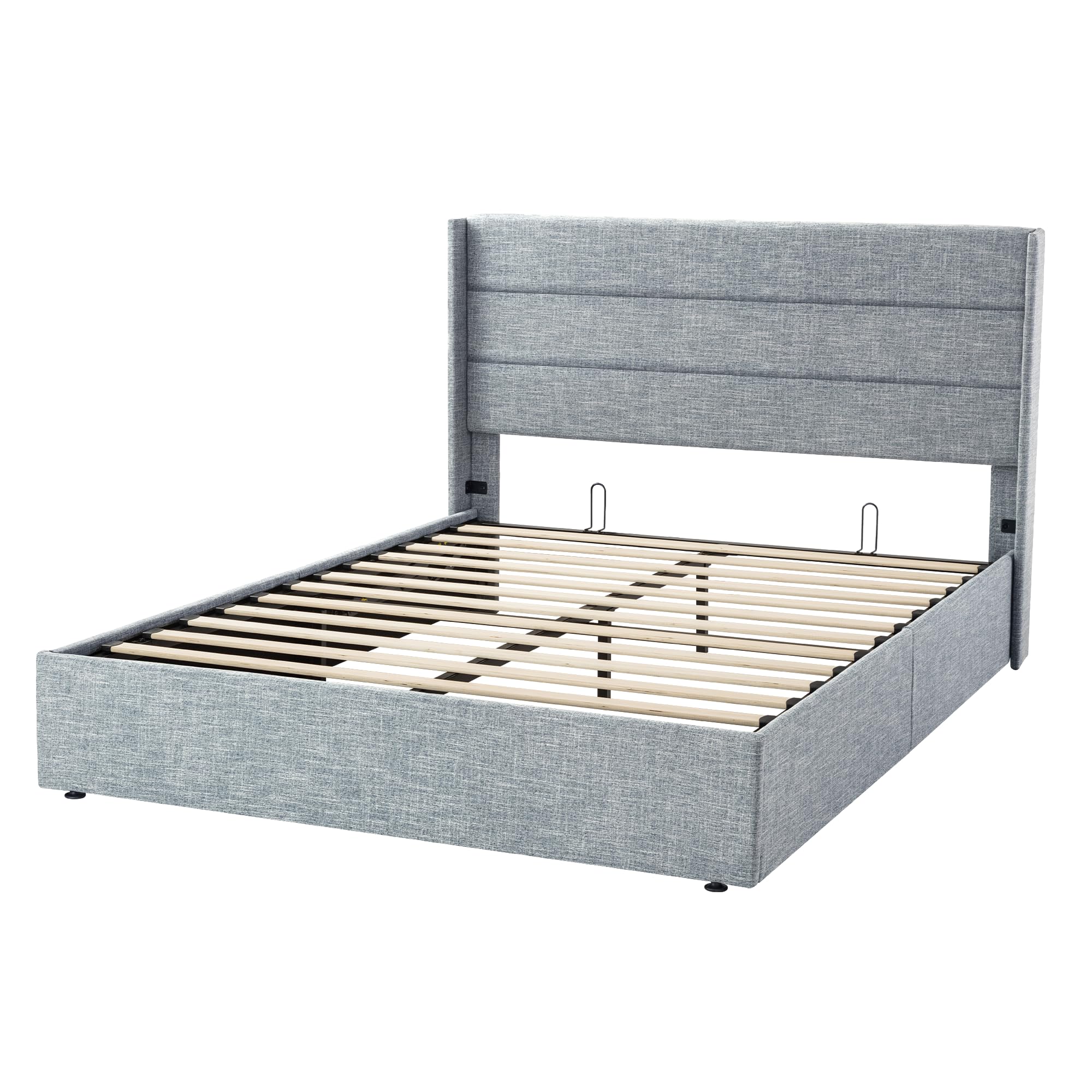 Allewie Full Size Lift Up Storage Bed, Modern Wingback Headboard, Hydraulic Support, No Box Spring Needed, Grey Blue