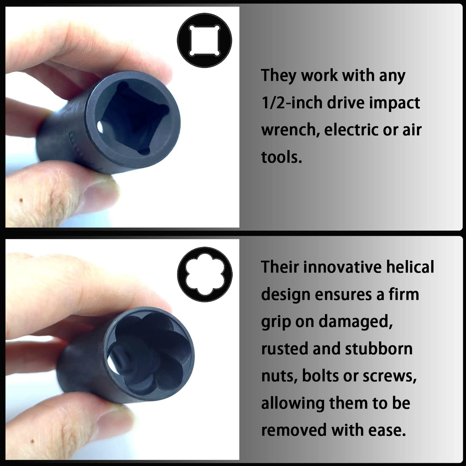 JEUCLEL 5PCS Twist Lug Nut Socket Set - 1/2 inch Drive Damaged Nut Lock Remover Extractor - Rusted & Strip & Stripped & Stuck Locking Nut Removal Tool Kit with 17mm 19mm 21mm 22mm Sockets