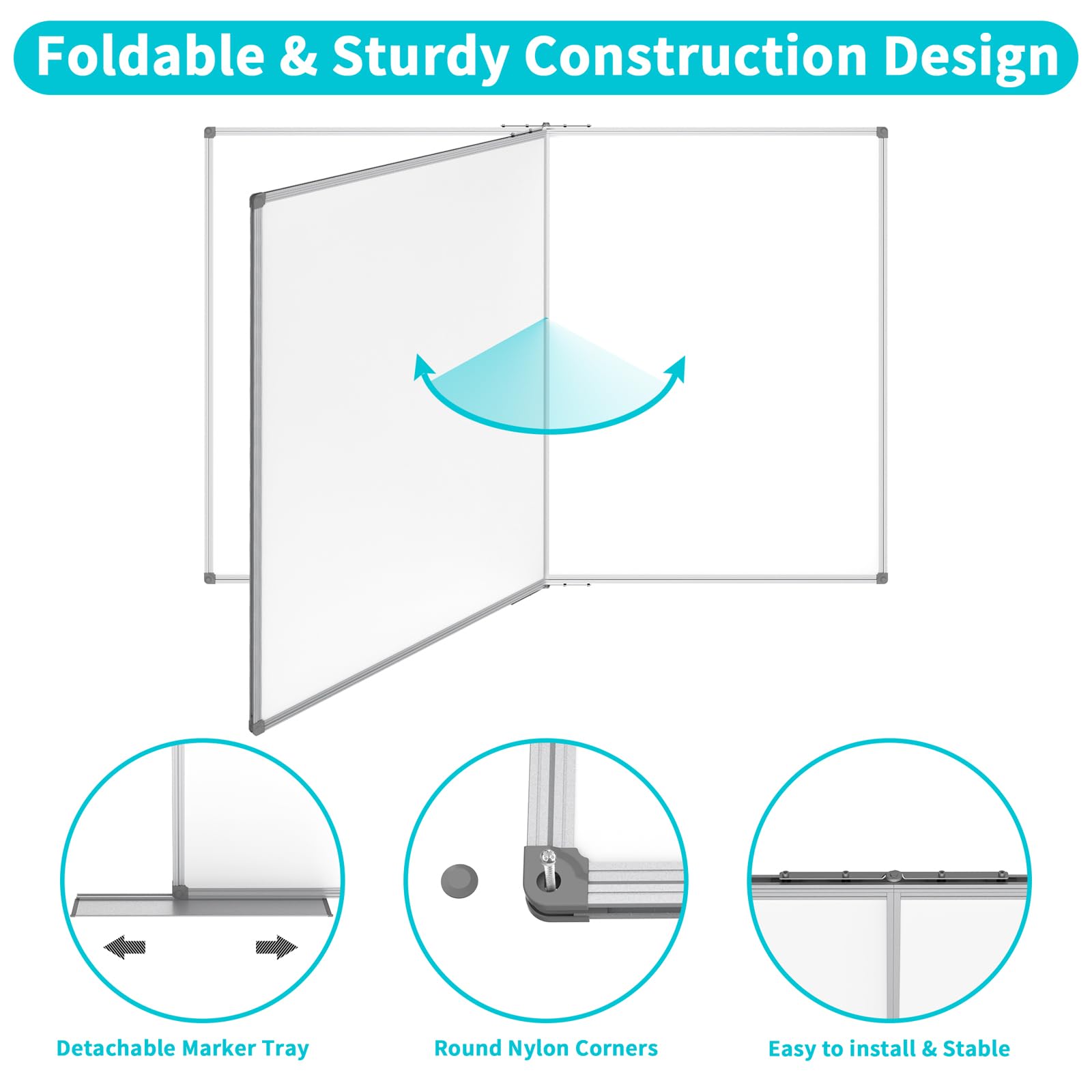 JILoffice Magnetic Foldable White Board 48 x 36 Inches, Dry Erase Whiteboard, Silver Aluminum Frame with 2 Detachable Marker Tray Wall Mounted Board for Office Home and School