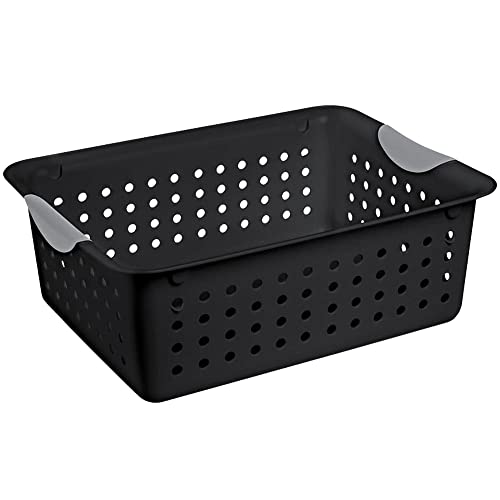 Sterilite Medium Ultra Indoor Home Plastic Storage Organizer Basket Container with Contoured Handles for Cabinets, Shelves, Black (12 Pack)
