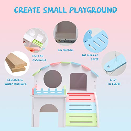 Syrian Hamster Toys Set, Improved Version 8.7 IN Large Hamster House, Wooden Gerbil Hideout, Small Animals Seesaw, Guinea Pig Sport Exercise Toys, Rainbow Bridge, Swing, Dwarf Hamster Cage Accessories