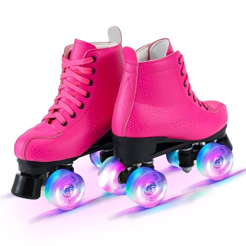 kelodo Roller Skates for Women&Girls, Boys&Men PU Leather High-top Classic Double-Row Design Roller Skates Boot, 4 Shiny Wheels Adult Quad-Skates Indoor/Outdoor Roller Skates for Unisex Beginner