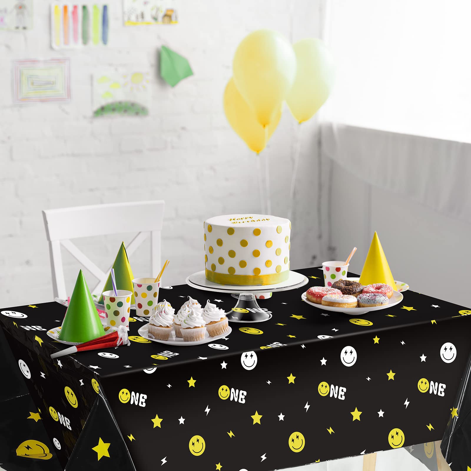 4 Pieces One Happy Dude Birthday Party Tablecloths Smile Face Tablecloth Party Decoration 54 x 108 Inch Rectangle Plastic Tablecloth Decoration Holiday Party Supplies