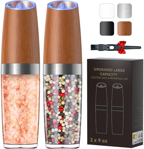 FORLIM Upgraded 9 Oz Capacity Gravity Electric Salt and Pepper Grinder Set, Battery Powered One Hand Operation Refillable Automatic Pepper Grinder Adjustable Coarseness(Wood grain)