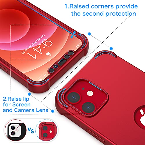 Designed for iPhone 12 Mini Case, ORETech Compatible with iPhone 12 Mini Case with [2 x Tempered Glass Screen Protector]360° Full Body Protection Hard PC TPU Slim Case for iPhone 12 Mini Case 5.4"Red