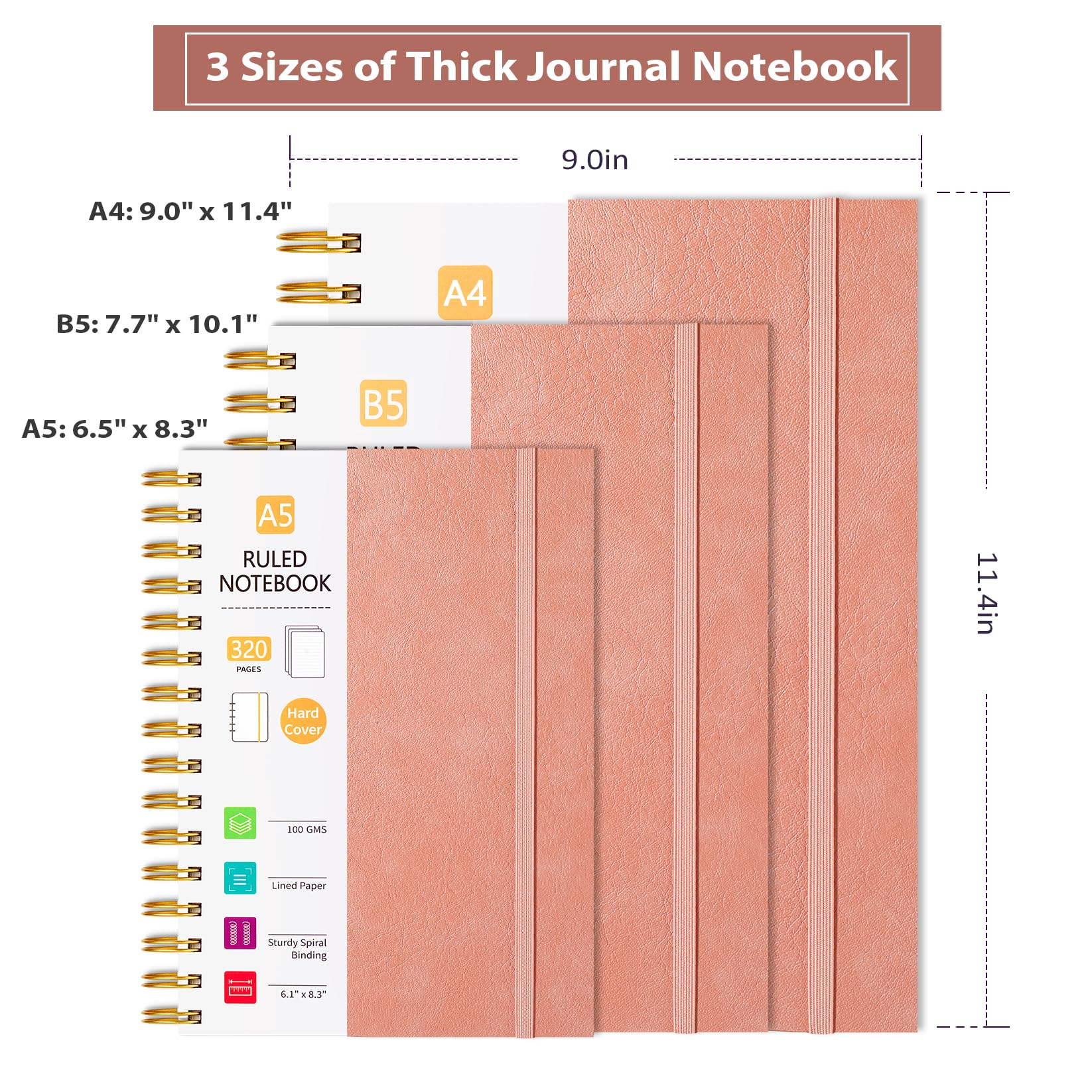 Hardcover Spiral Notebook, College Ruled Notebook Journal with 320 Pages, 7.6" X 10" Lined Journaling for Women Men, B5 Leather Writing Journals for Work, School, Office, 18pcs Index Tabs, Pink