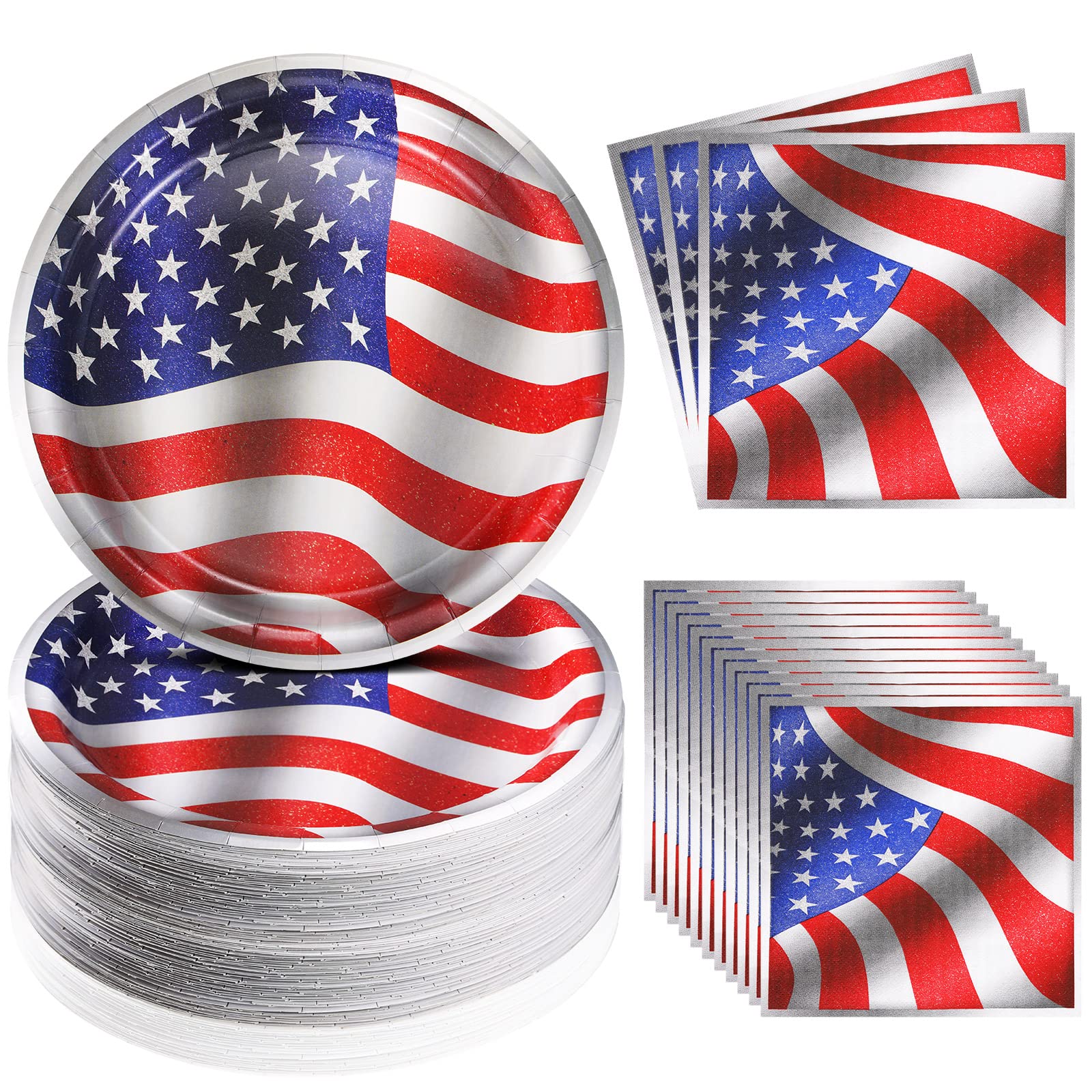 Mumufy 100 Pcs American Flag Patriotic Plates and Napkins 4th of July Party Supplies July 4th Disposable Paper Plates Napkins for Veterans Day Independence Day Decoration, Serves 50(Vivid)