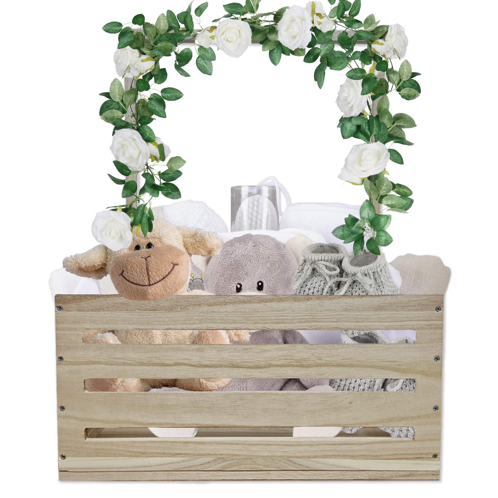Wooden Baby Shower Crate Closet,Baby Basket with Handle,Large Baby Storage Crate Hamper,Baby Shower Gifts,Wooden Gift Crate,Welcome Gifts Basket for New Born Girls Boys,Pregnancy Gifts for New Parents