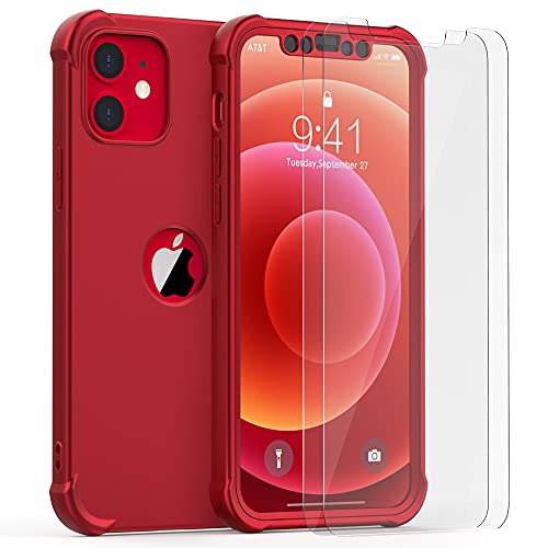 Designed for iPhone 12 Mini Case, ORETech Compatible with iPhone 12 Mini Case with [2 x Tempered Glass Screen Protector]360° Full Body Protection Hard PC TPU Slim Case for iPhone 12 Mini Case 5.4"Red