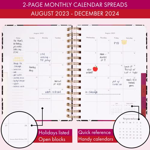 Kate Spade New York Daily Planner 2023-2024, Mega Planner August 2023 - December 2024, Hardcover Spiral Planner, Weekly Planner with Monthly Calendar, Stickers, & Pockets, Black Spade Flower