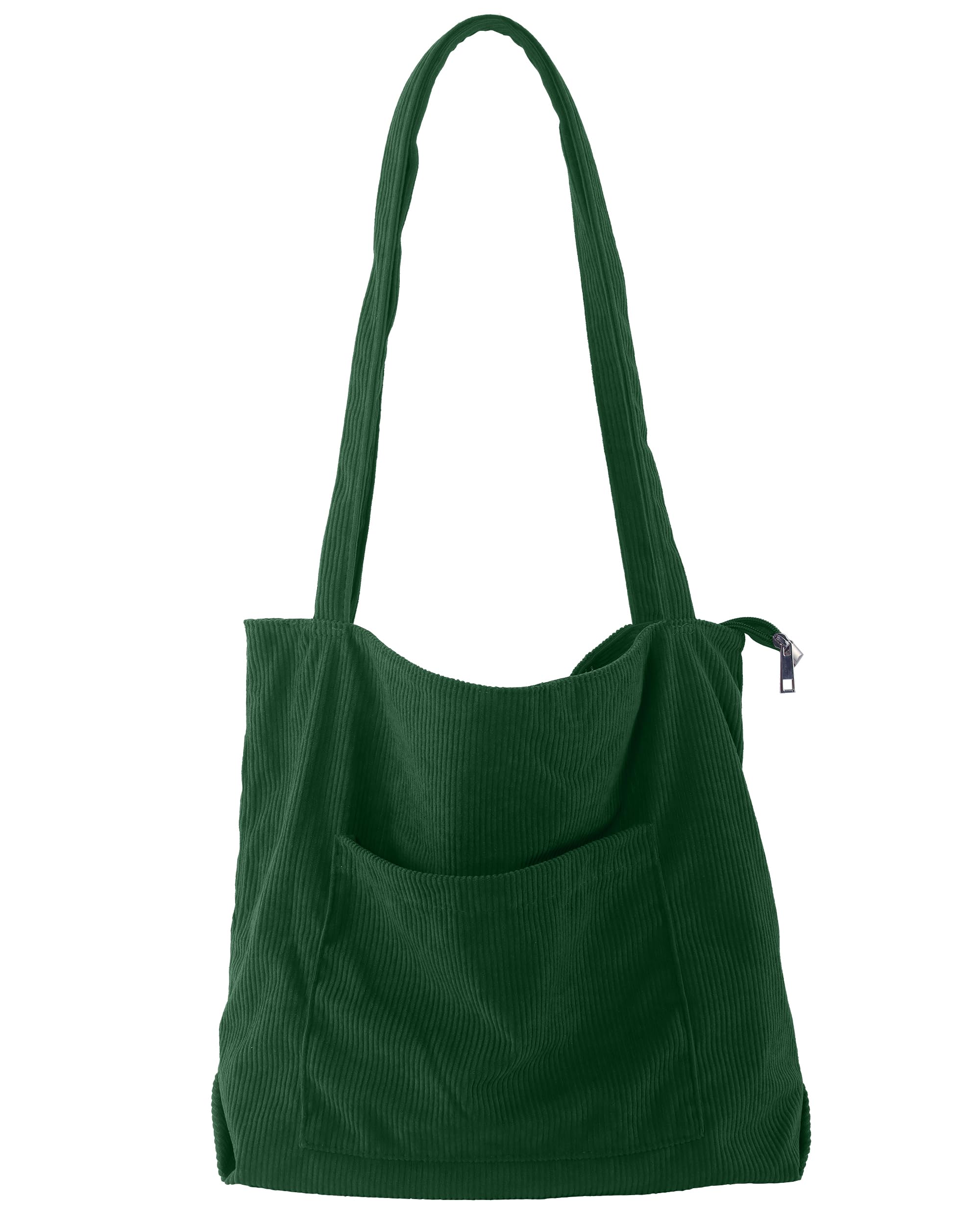 Corduroy Tote Bags for Women with Zipper and Front Pocket Shoulder Handbags Casual Canvas Purse, Green