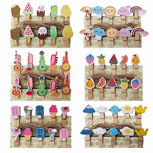 SaktopDeco 60 Counts Mini Summer Theme Wooden Clothespins Small Decorative Wood Peg Pin Craft Clip Pattern of Fruits Ice Cream Musical Instruments