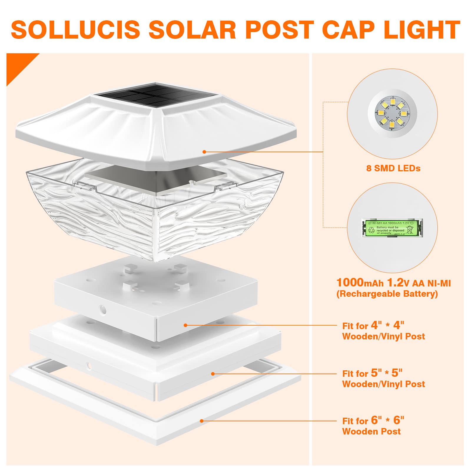 SOLLUCIS Solar Post Cap Lights, Large 8 LEDs 2 Modes Fence Post Solar Lights Outdoor Waterproof for 4x4 5x5 6x6 Vinyl Wooden Deck Fence Posts Patio Garden Decor, Warm/Cool White (6 Pack, White)