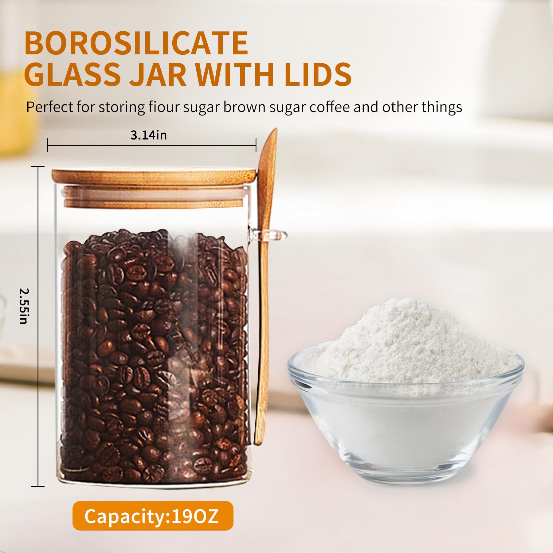 KDAWRO Airtight Glass Jars with Bamboo Lids & Bamboo Spoons, 19Oz 4PACK Borosilicate Glass Food Storage Sugar Containers, Durable Glass Canisters Hold Coffee Beans, Tea, Flour, Candy, Bath Salts