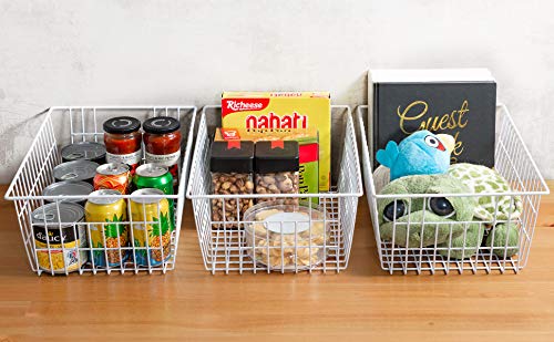 iPEGTOP Wire Storage Freezer Baskets, Set of 4 Large 15.2" Farmhouse Organizer Storage Bins Fridge Basket Rack with Handles for Kitchen Cabinets, Pantry, Office, Bathroom Organization- White