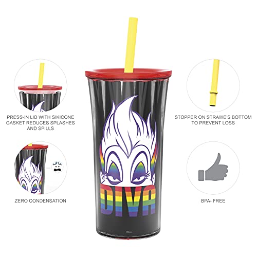 Zak Designs Disney Halloween Rainbow Collection Double-Wall Insulated Plastic Tumbler for Cold Drinks, Travel Cup with Splash-Proof Lid and Straw Made with Durable Materials (Ursula, 20 oz, Non BPA)