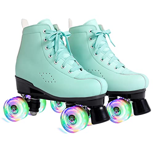 kelodo Roller Skates for Women and Men, PU Leather Double Row-Classic Roller Skates for Girls/Boys, 8 LED Light Wheels Roller Boot Quad-Skates for Kids & Adults Outdoor/Indoor